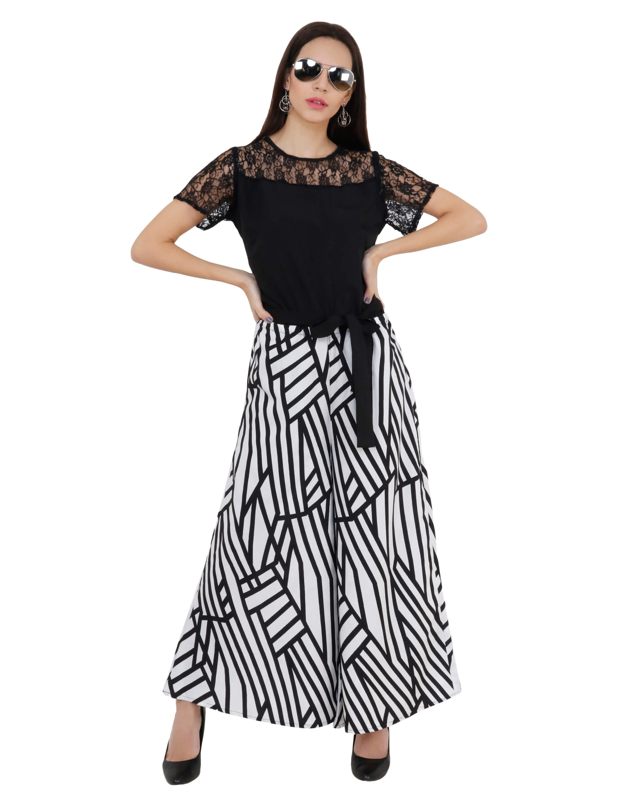 Emeros Co-ordinated Black on White Stripes Net Jumpsuit