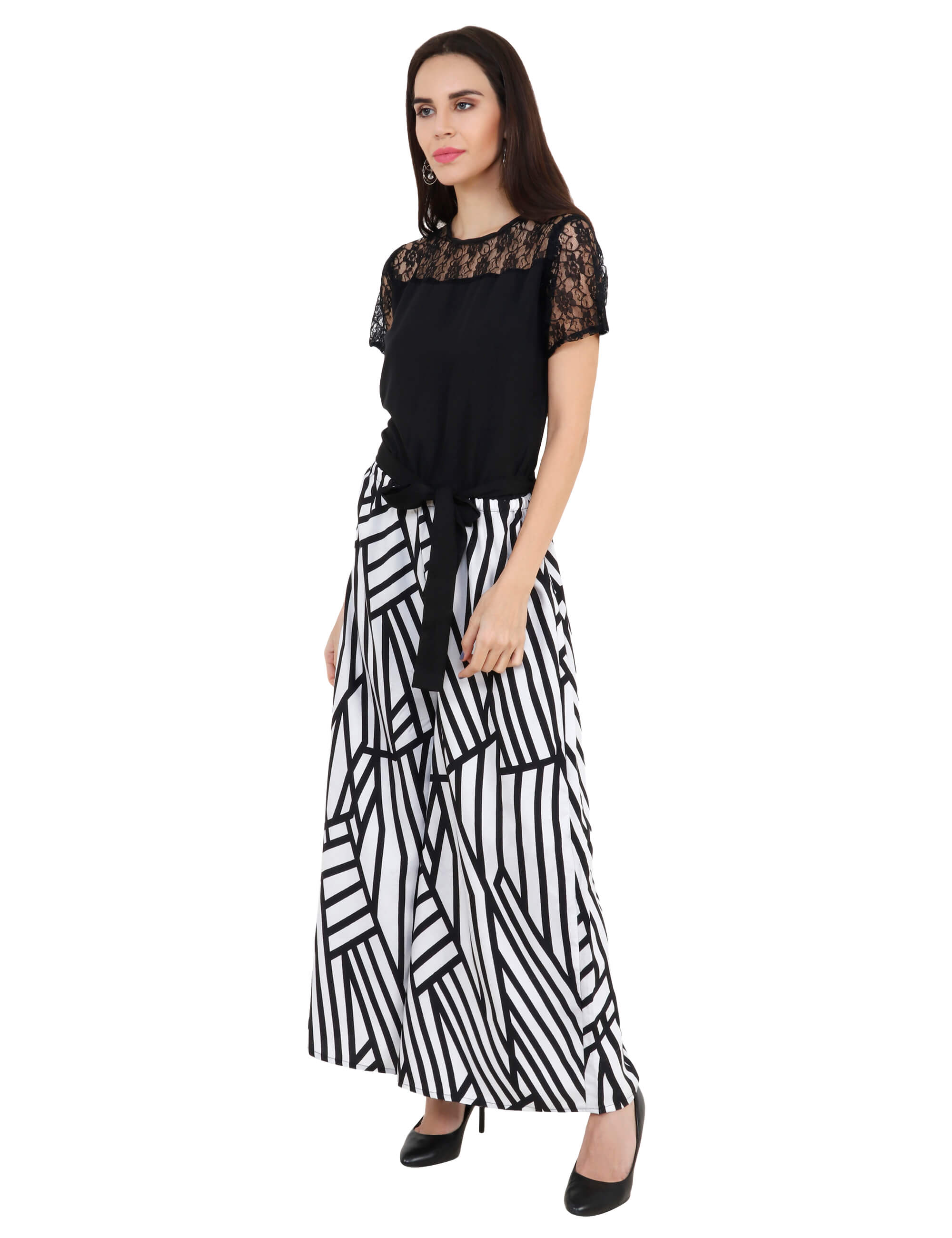 Emeros Co-ordinated Black on White Stripes Net Jumpsuit