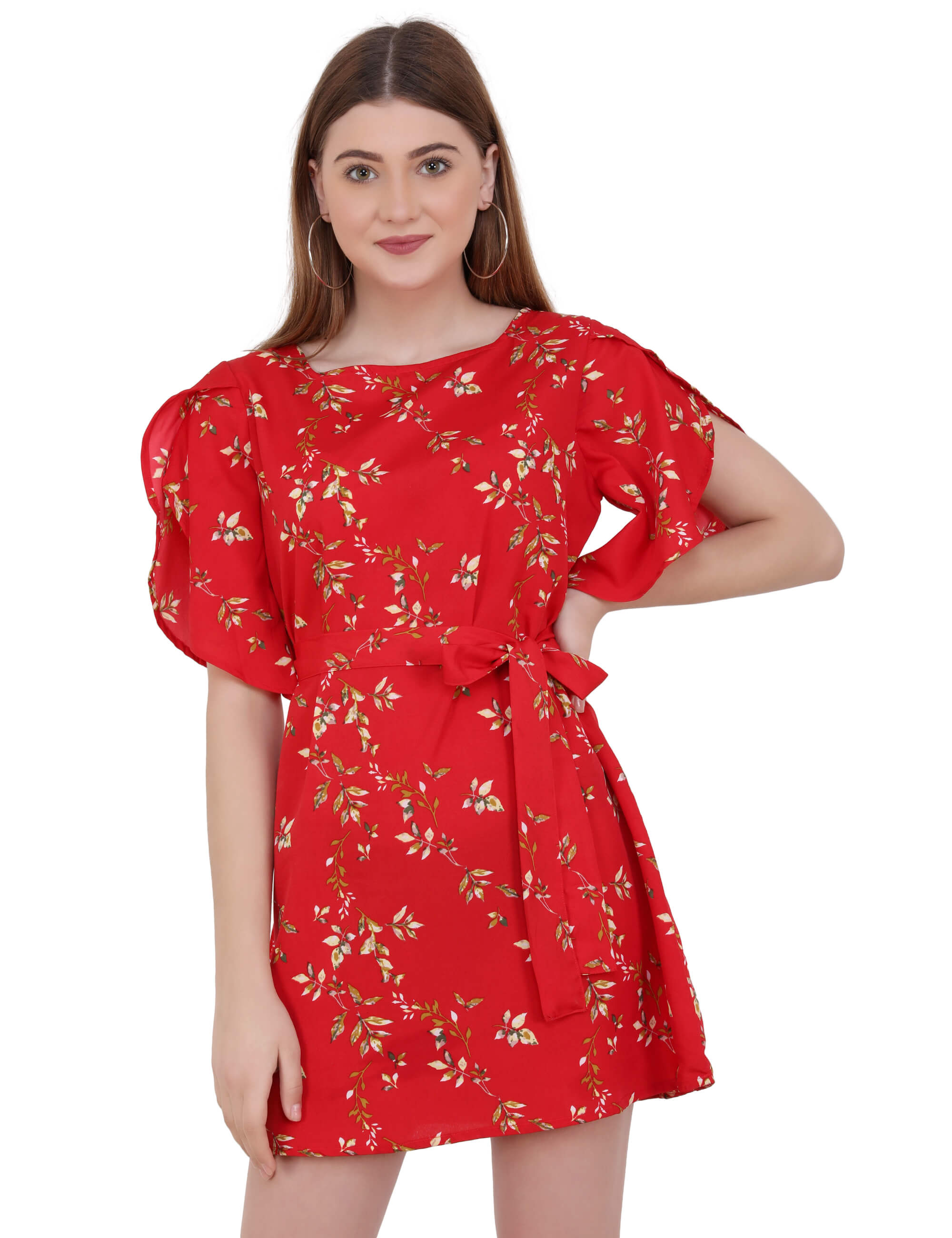 Emeros Women Petal Sleeve Tie-Waist Red Dress/Tunic