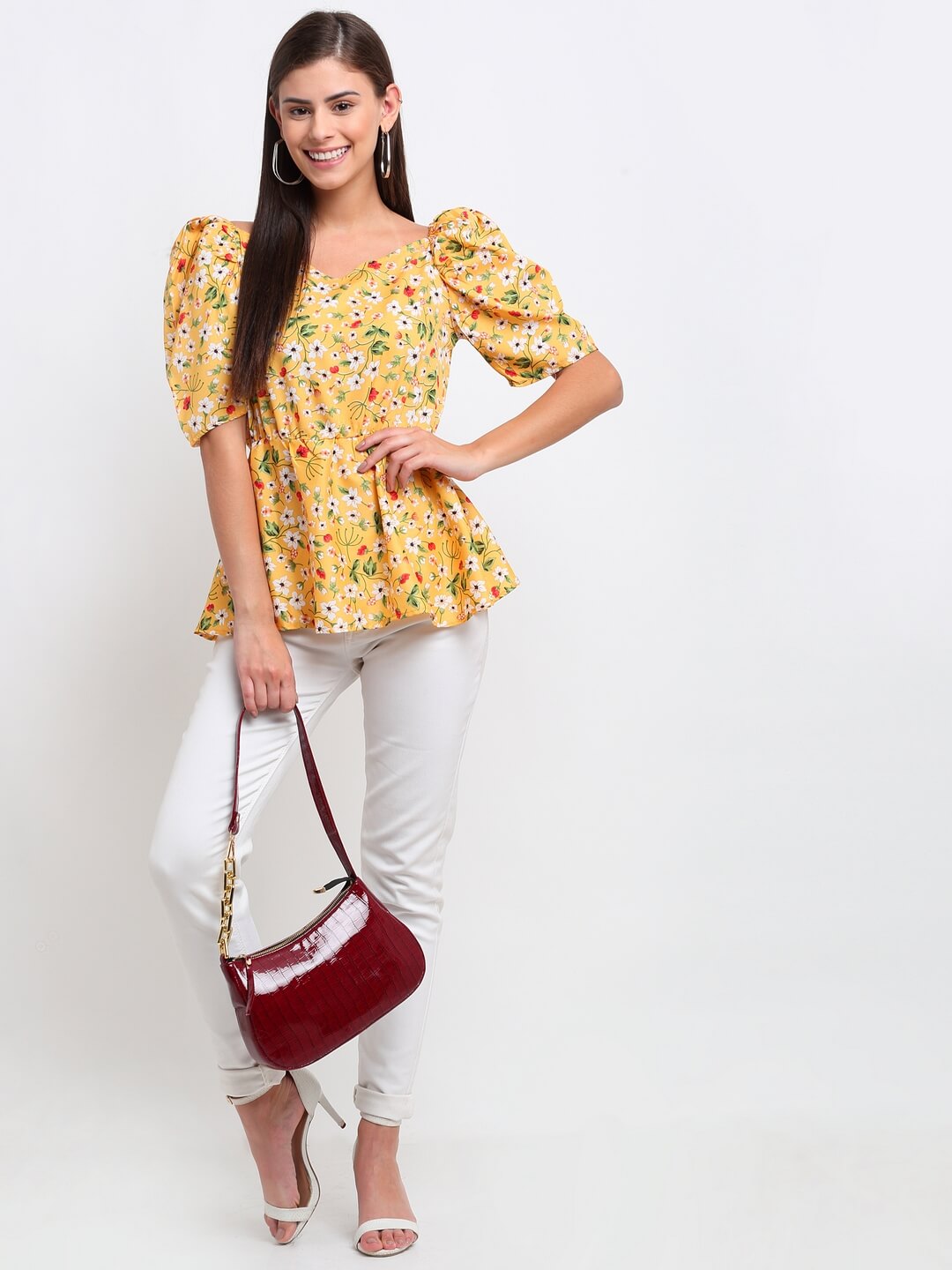 Emeros Off-the-Shoulder Puff Sleeve Yellow Peplum Top (Sweetheart Neck)