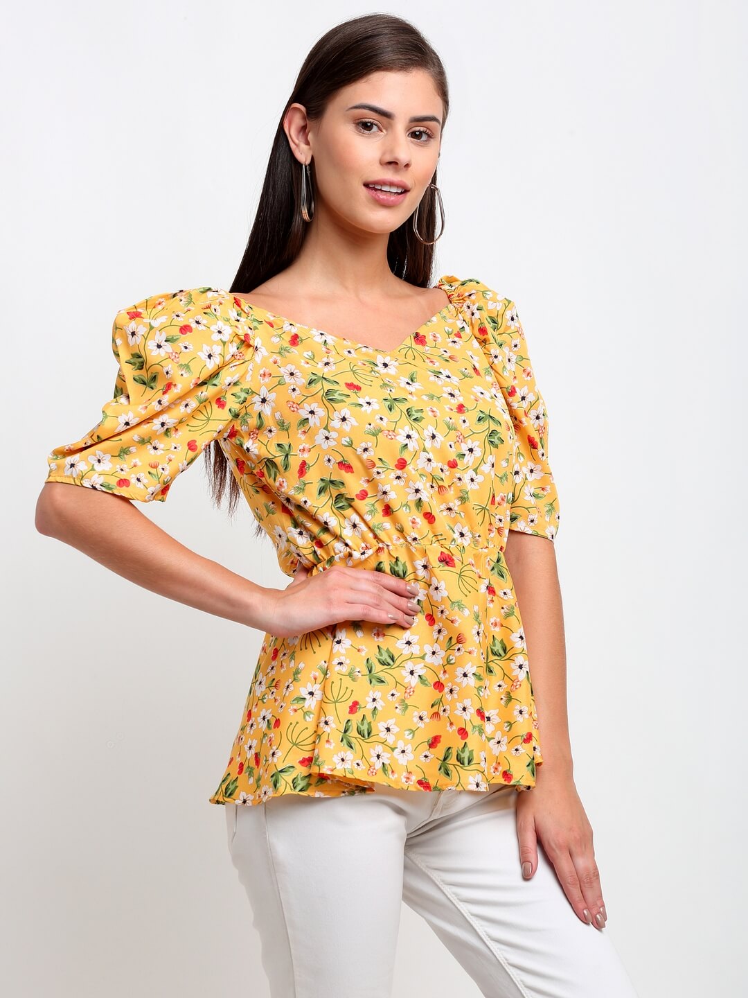 Emeros Off-the-Shoulder Puff Sleeve Yellow Peplum Top (Sweetheart Neck)