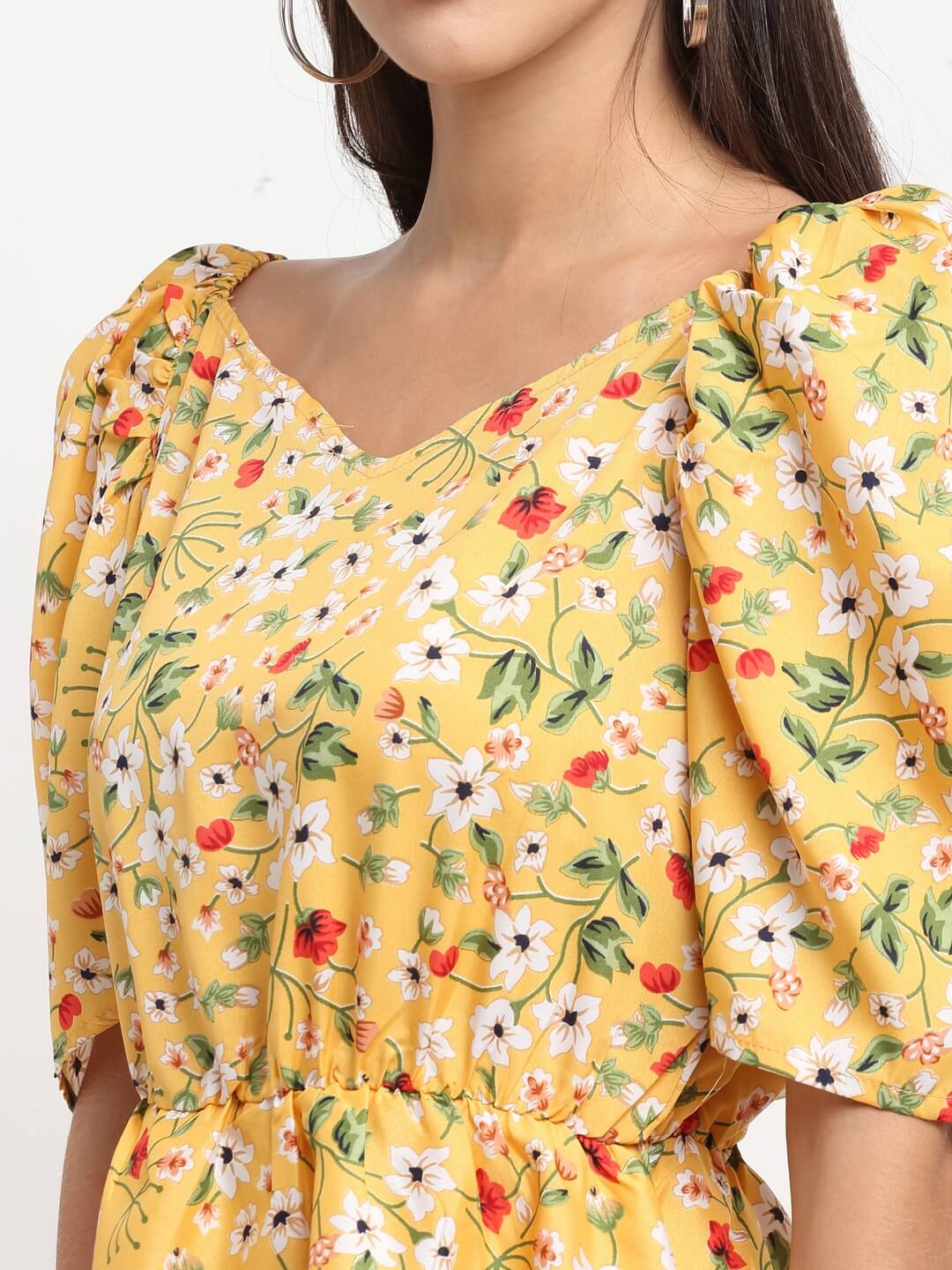 Emeros Off-the-Shoulder Puff Sleeve Yellow Peplum Top (Sweetheart Neck)