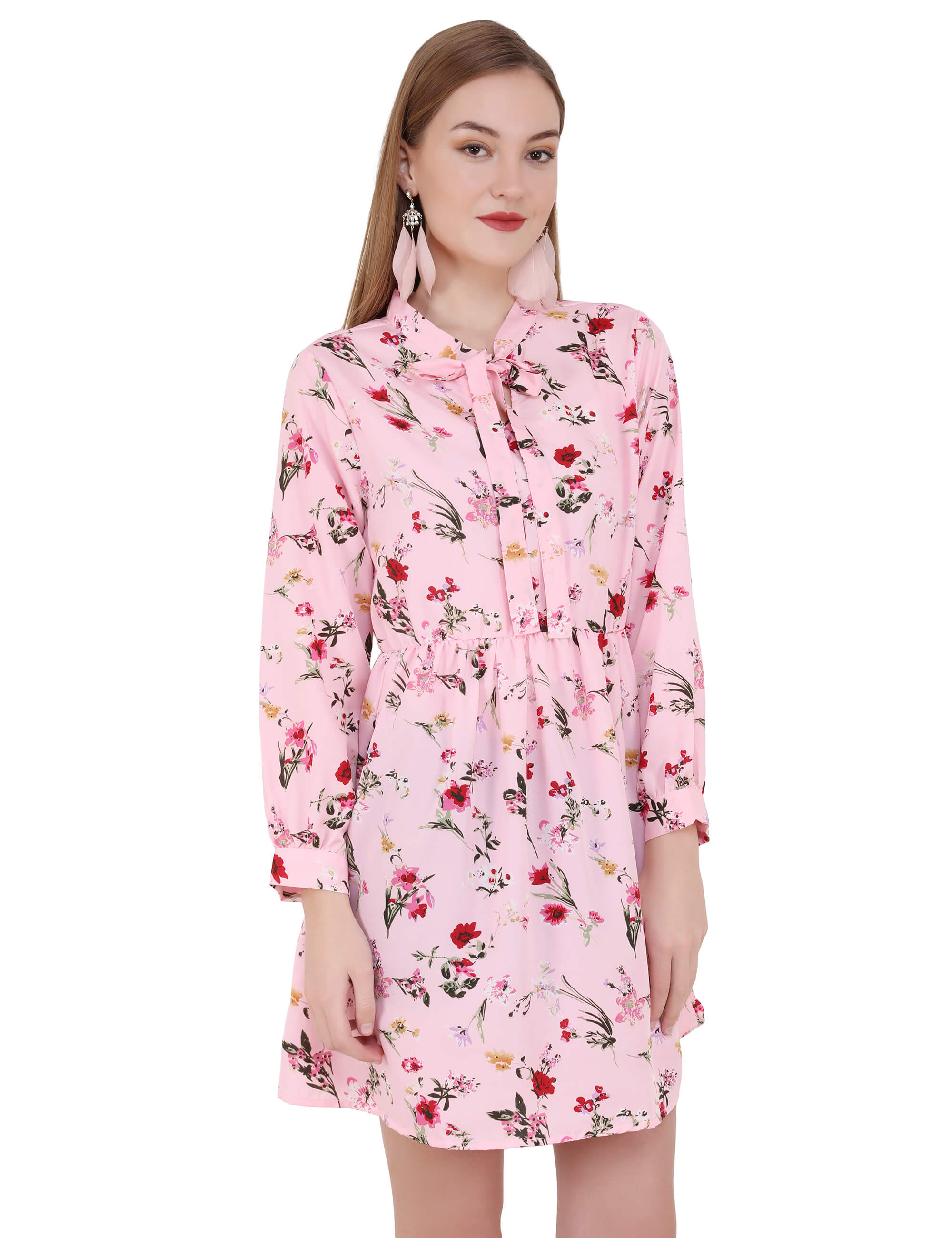 Emeros Women Tie-up Neck, Cuffed Sleeve Gathered Baby Pink Tunic