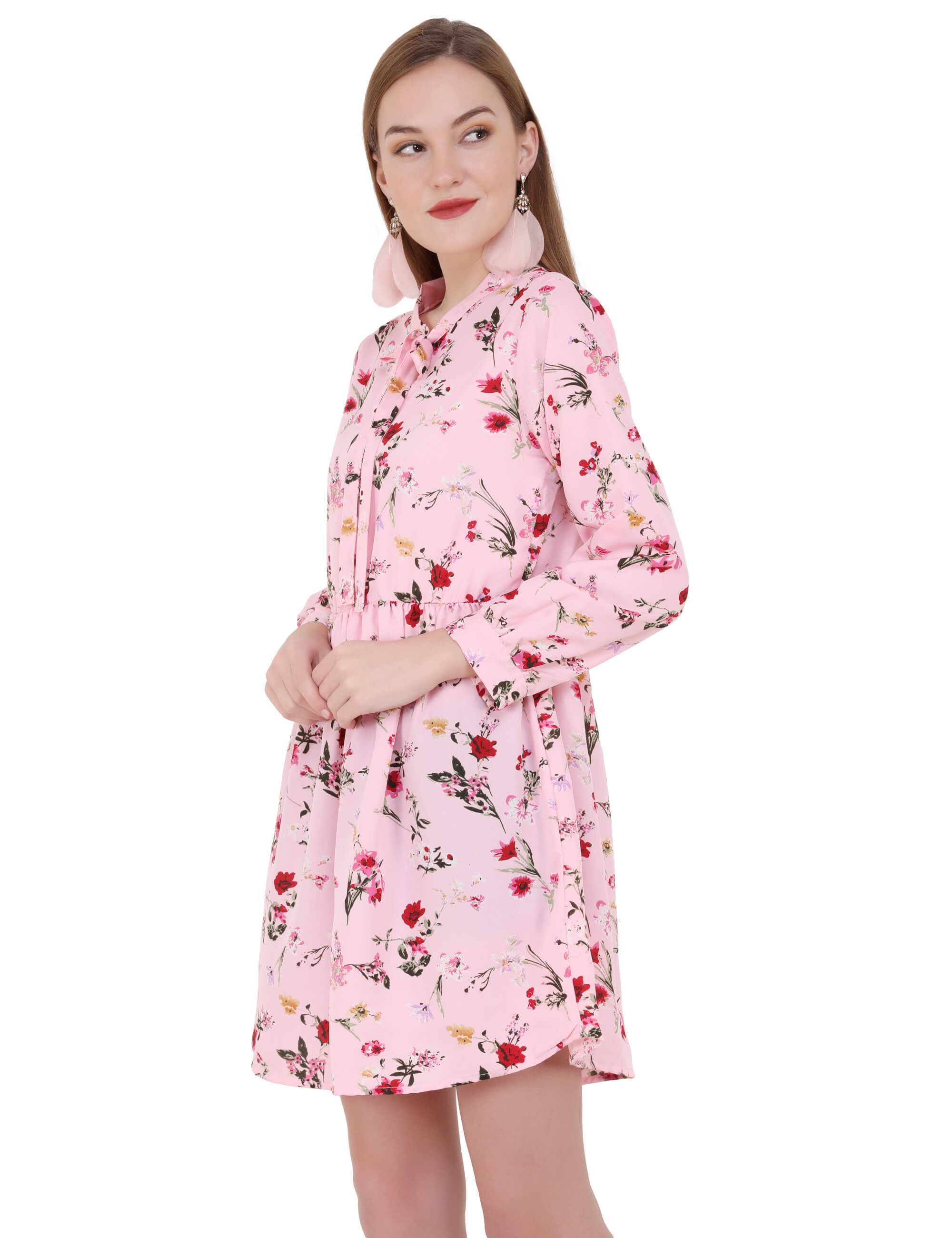 Emeros Women Tie-up Neck, Cuffed Sleeve Gathered Baby Pink Tunic