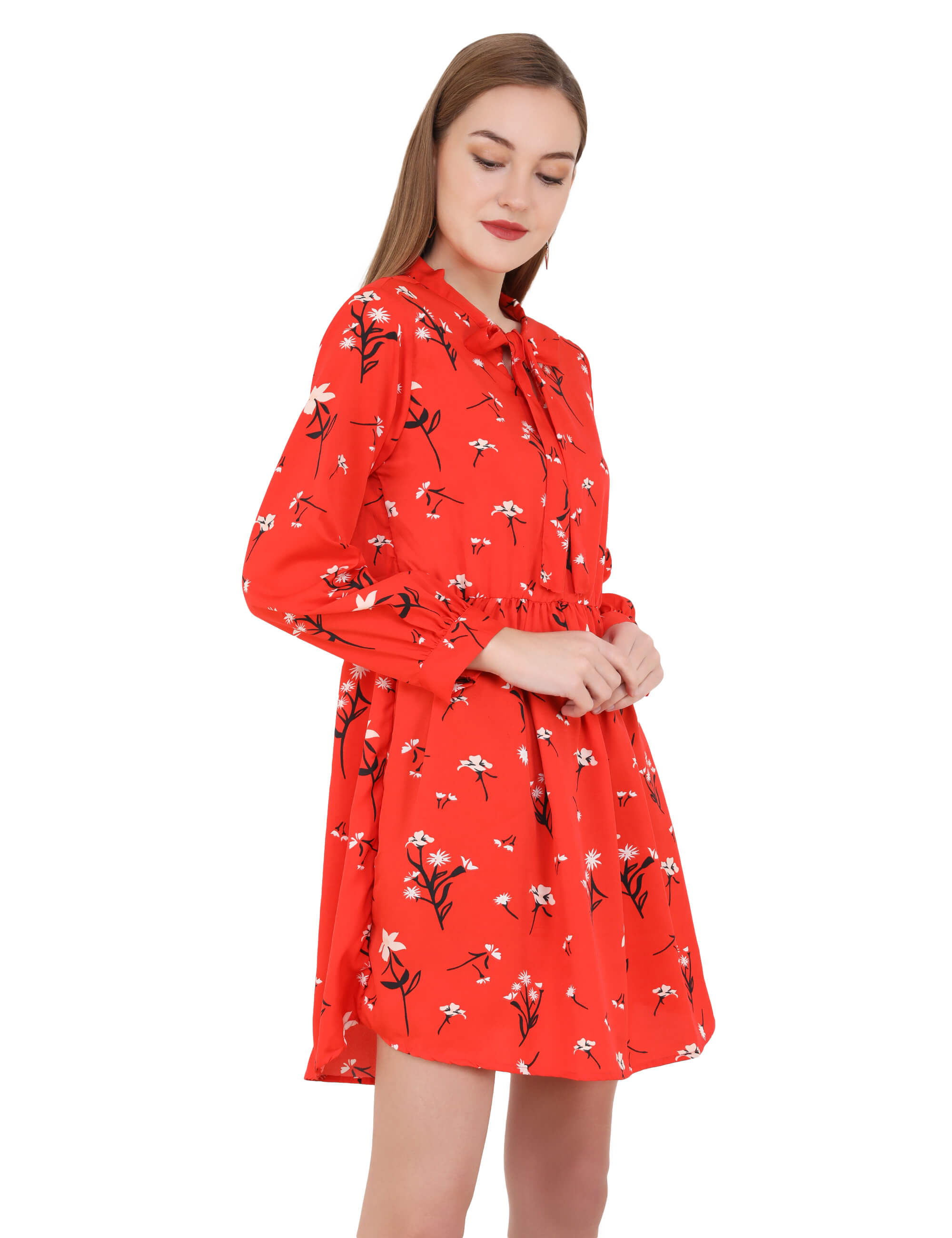 Emeros Women Tie-up Neck, Cuffed Sleeve Gathered Orange Tunic