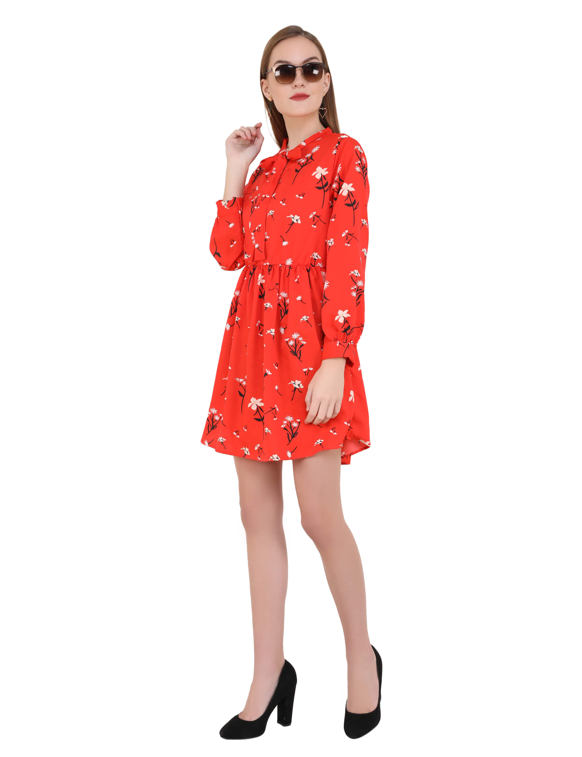 Emeros Women Tie-up Neck, Cuffed Sleeve Gathered Orange Tunic